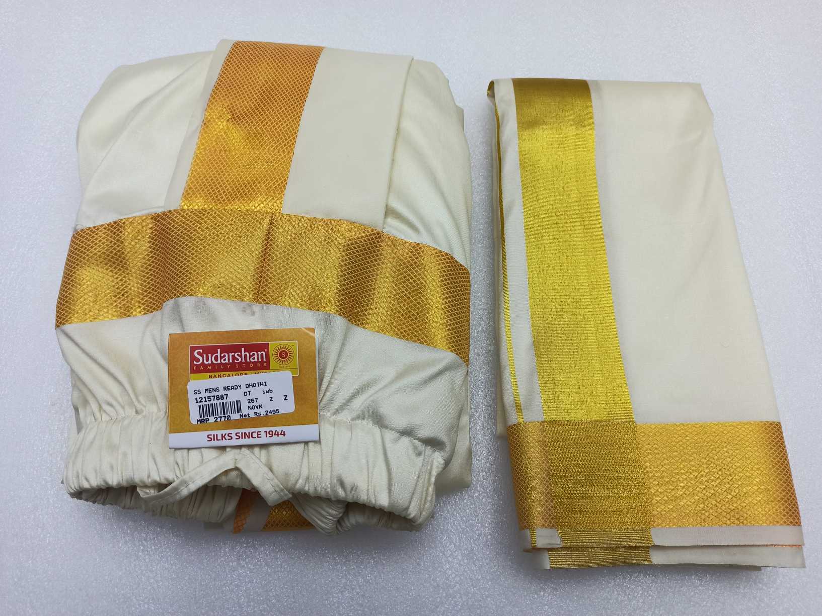 Raw silk Ready Dhothi With shalya 1 Inch Border Gold Jari – Sudarshansarees